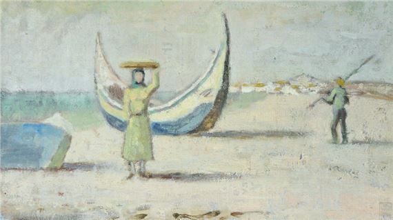 Rex Wood | Mediterranean Beach Scene with Figures and Boats | MutualArt