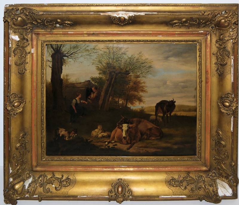 Jan Kobell II | Lagerndes Vieh und Bauernpaar vor Kate | MutualArt