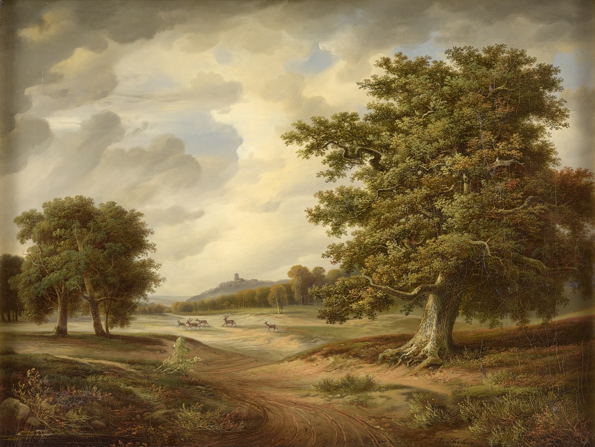 August Becker | Waldlichtung mit Rehwild und Blick auf eine Burganlage ...