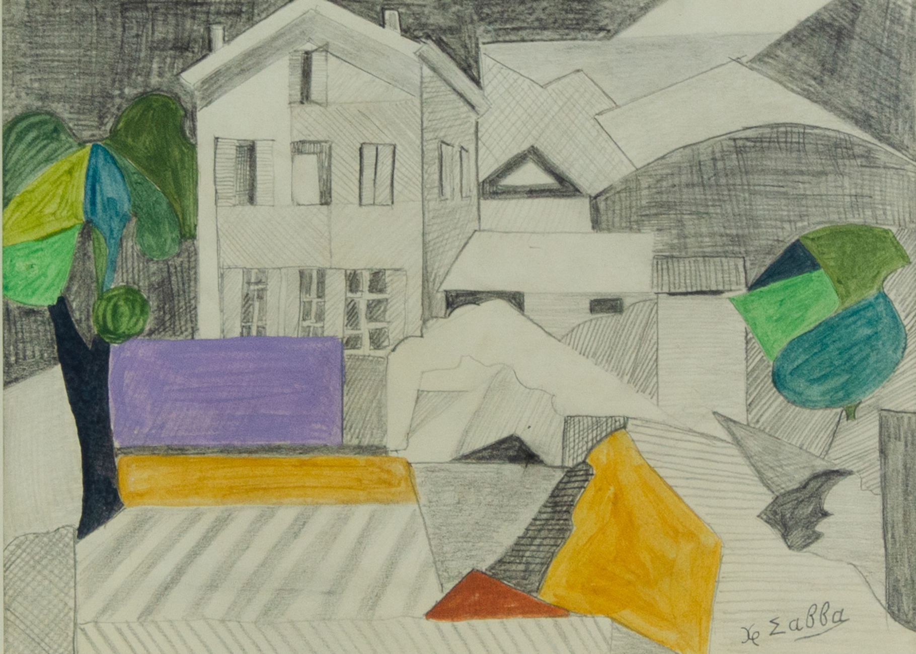 Christoforos Savva | Study for landscape with houses (Circa 1958 ...