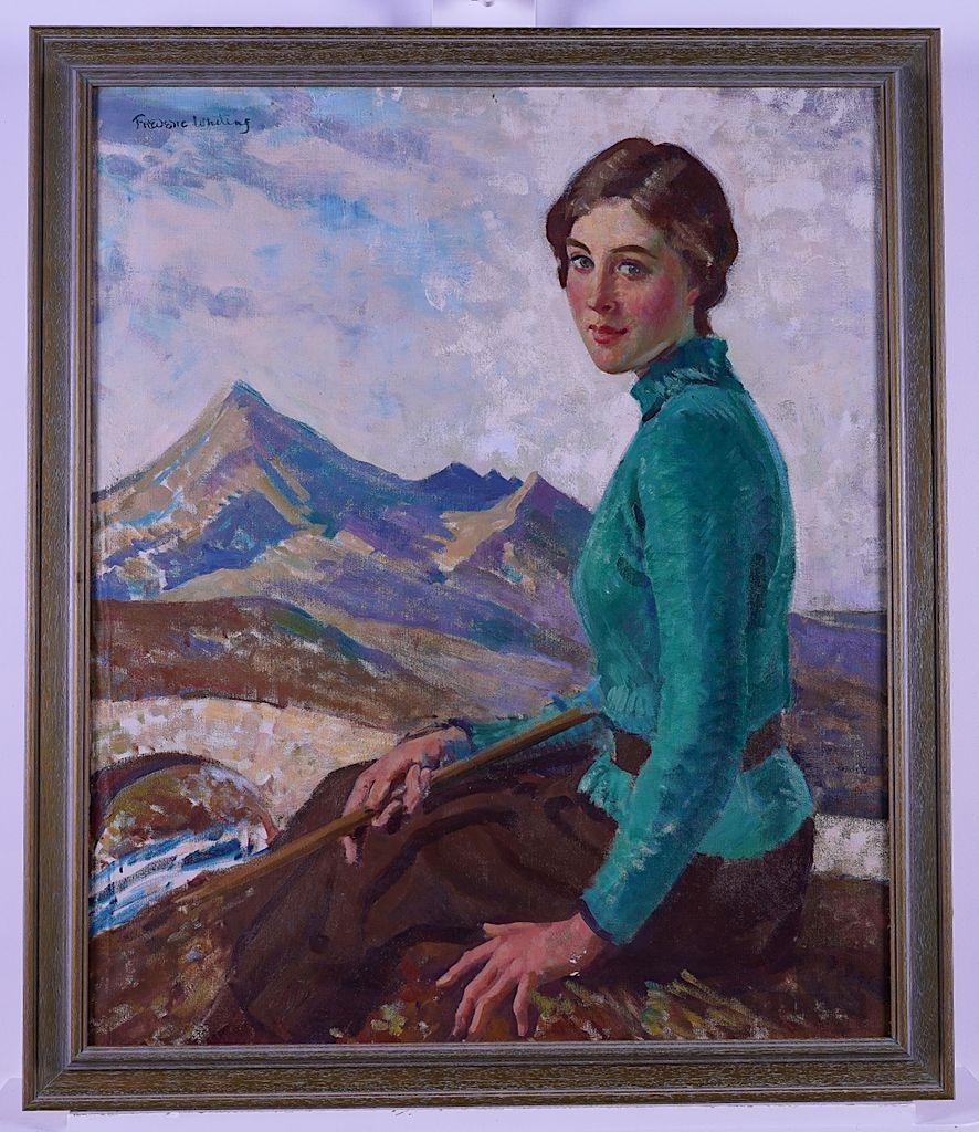 Frederic Whiting | Portrait of a woman seated by a bridge over a stream in a mountainous ...