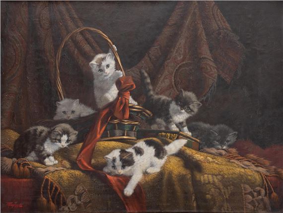 Cornelis Raaphorst | Six kittens at play in a wicker basket | MutualArt
