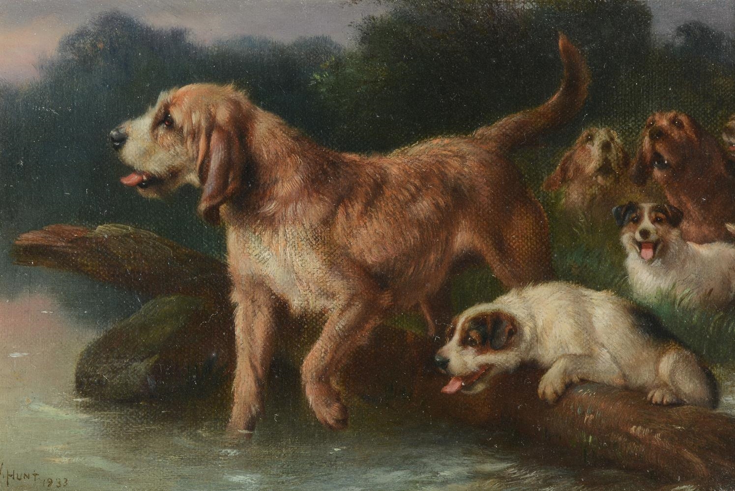 Walter Hunt | OTTERHOUNDS AND TERRIERS BY A STREAM (1933) | MutualArt