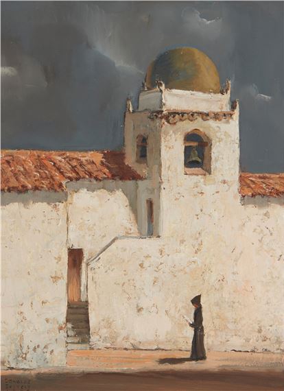 Douglas Shively | Mission complex with a strolling monk (1979) | MutualArt