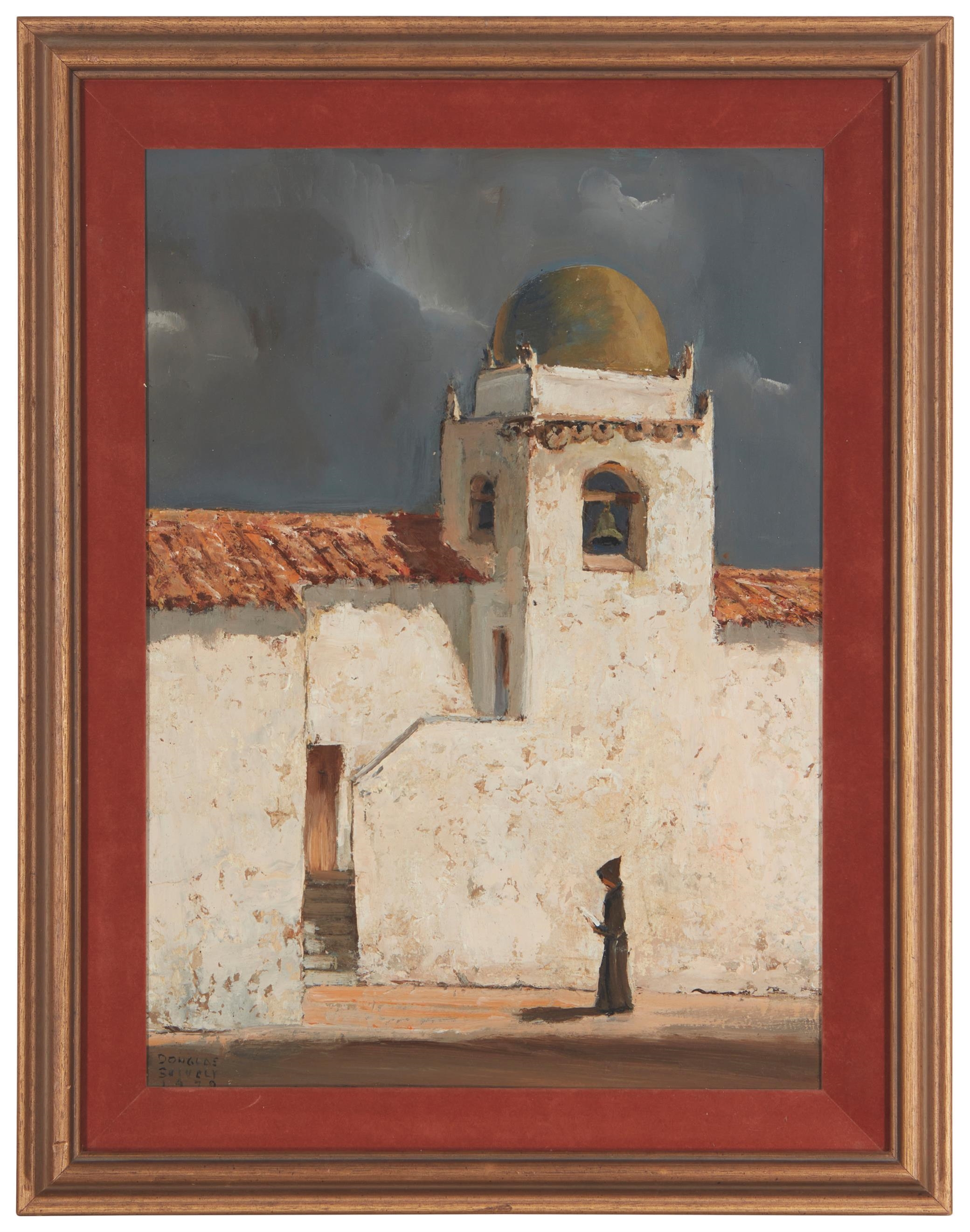 Douglas Shively | Mission complex with a strolling monk (1979) | MutualArt