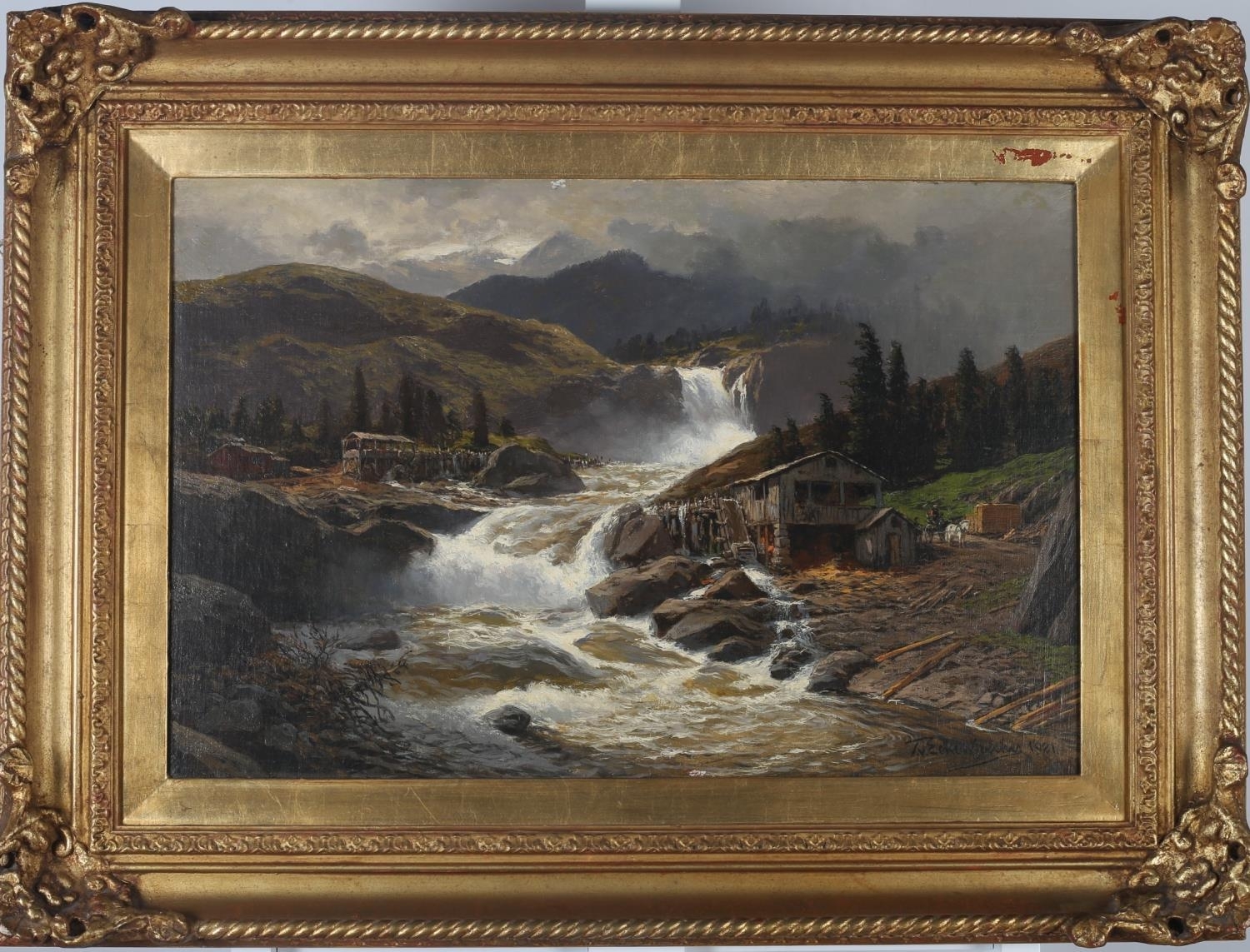 Continental School, 19th Century | WATERFALL WITH LOG CABINS AND ...
