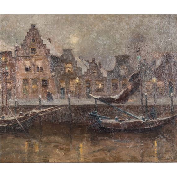 Julien Celos | Boats in a misty river harbour | MutualArt
