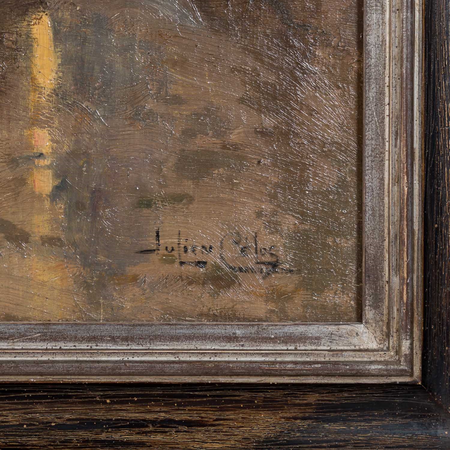 Julien Celos | Boats in a misty river harbour | MutualArt