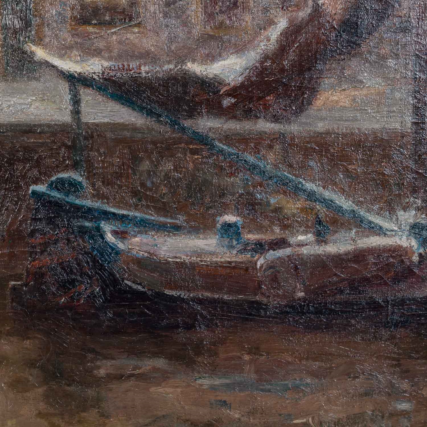Julien Celos | Boats in a misty river harbour | MutualArt