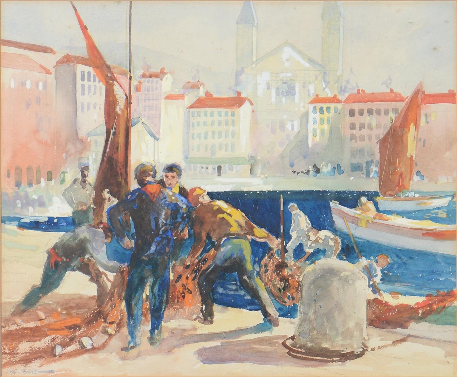 Hal Hurst | Harbour Scene with Fishermen, | MutualArt