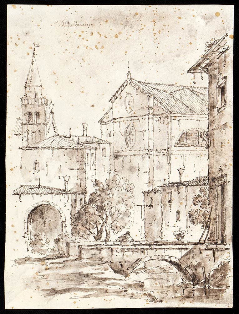 Bernardo Bellotto | Glimpse of a Venetian village with canal, bridge ...