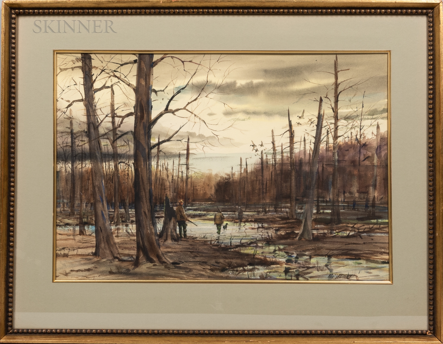 Milton C. Weiler | Three Duck Hunters with Dogs in a Swamp | MutualArt