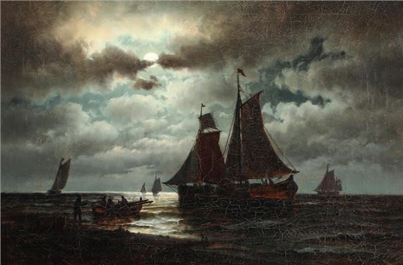 Carl Ludwig Bille | Coastal scenery with sailing ships in the moonlight ...
