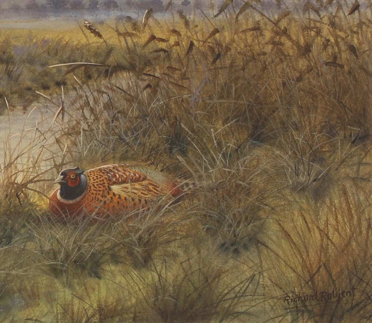 Richard Robjent | Pheasants in wetlands an owl overhead | MutualArt