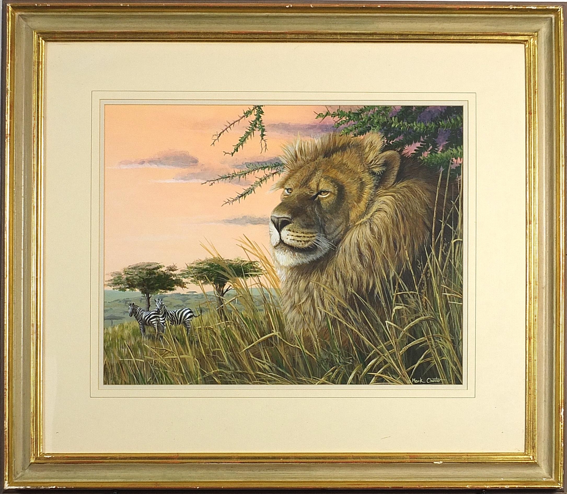 Mark Chester | Lion before two zebras | MutualArt
