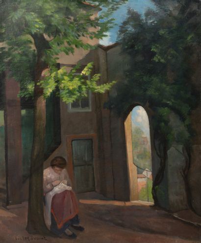 Victor Dupont | Young woman sewing in the yard. | MutualArt