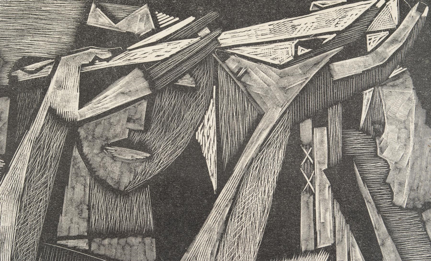 Charles Quest | Monochromatic, post-cubist horizontal scene with ...