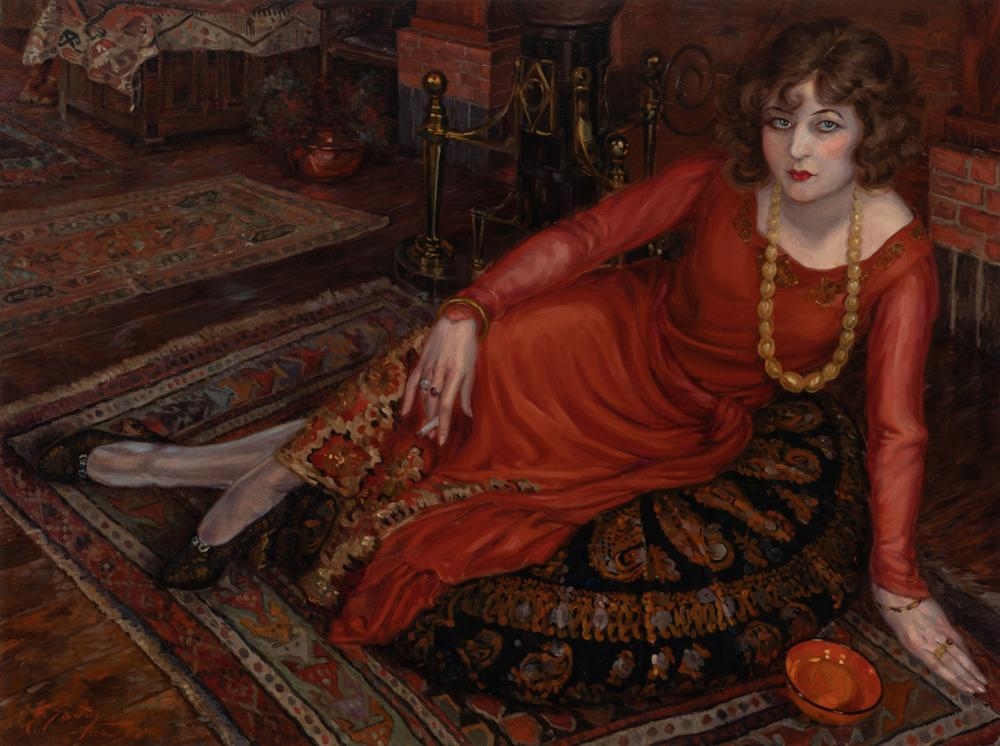 Georges Gaudy | Portrait of a lady in red (1924) | MutualArt