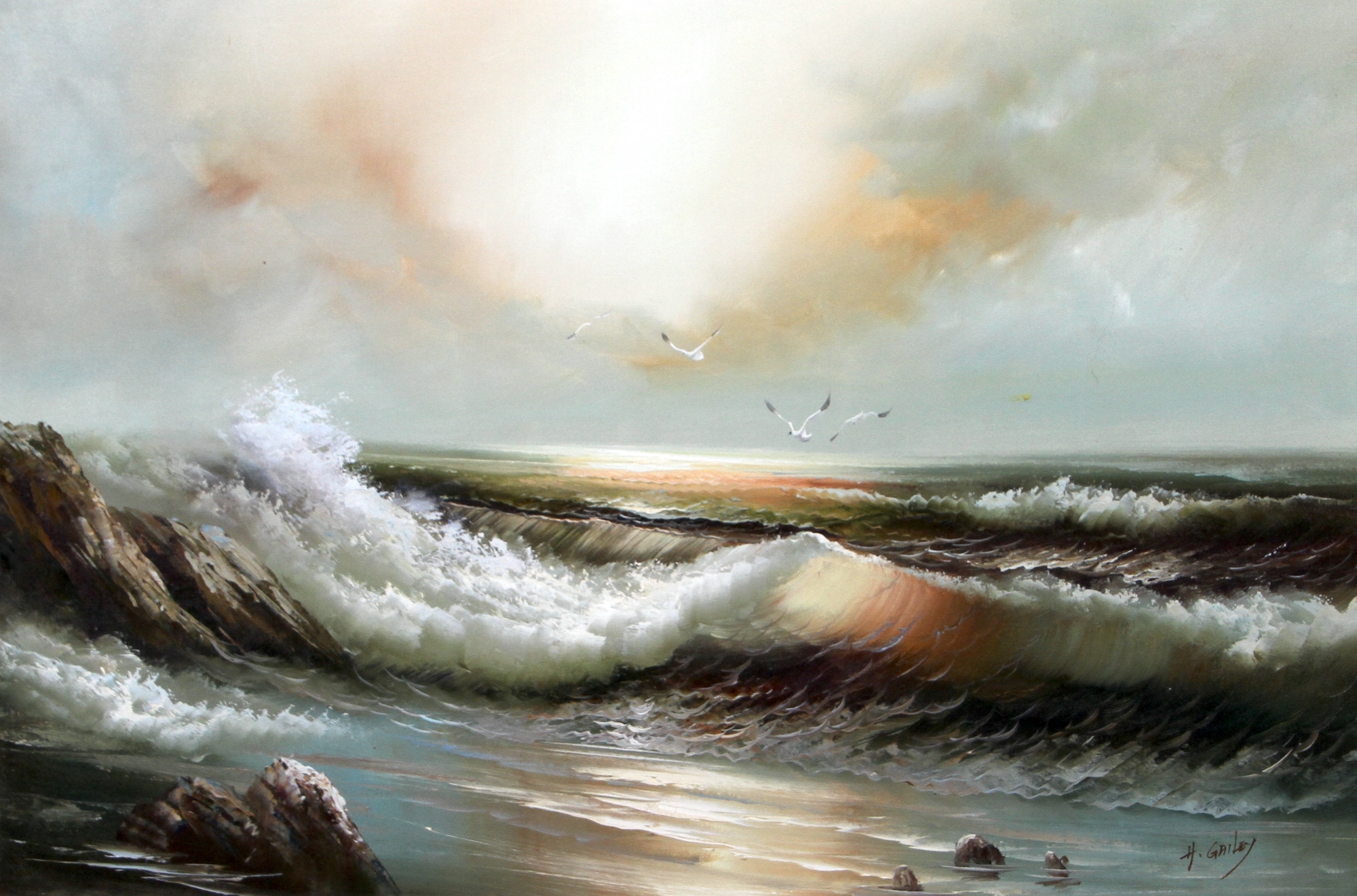 H. Gailey | SEAGULS IN FLIGHT OVER THE OCEAN | MutualArt