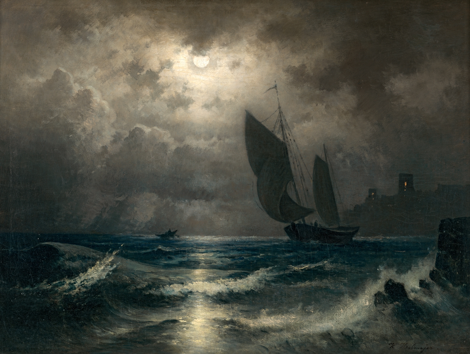 Karl Heilmayer | Segelschiff im Mondschein vor der Küste | MutualArt