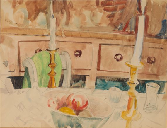 Lady Edna Clarke Hall | Still life study of candlesticks and fruit on a ...