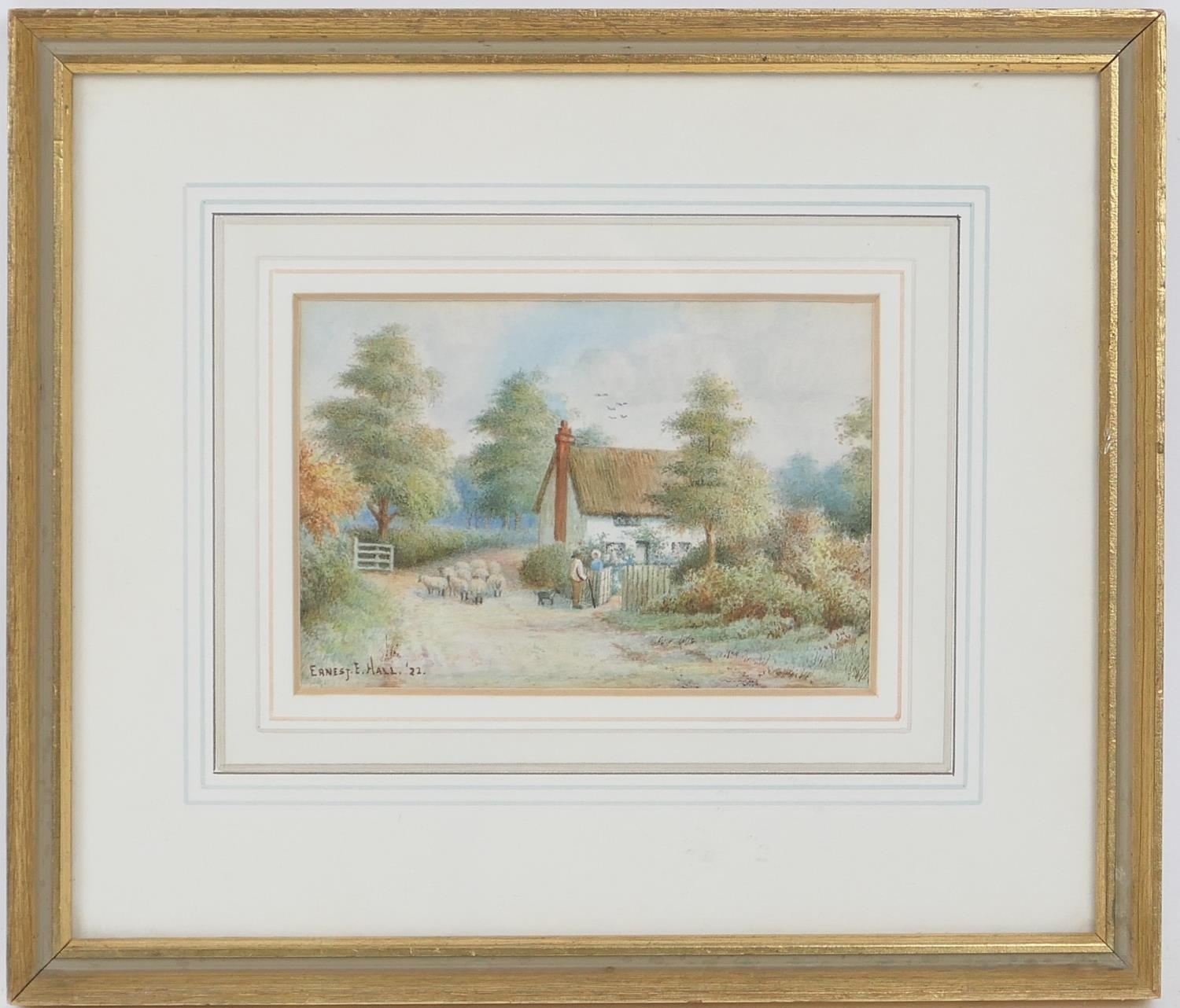 E. Hall | Shepherd and his flock before a summer cottage (1922) | MutualArt