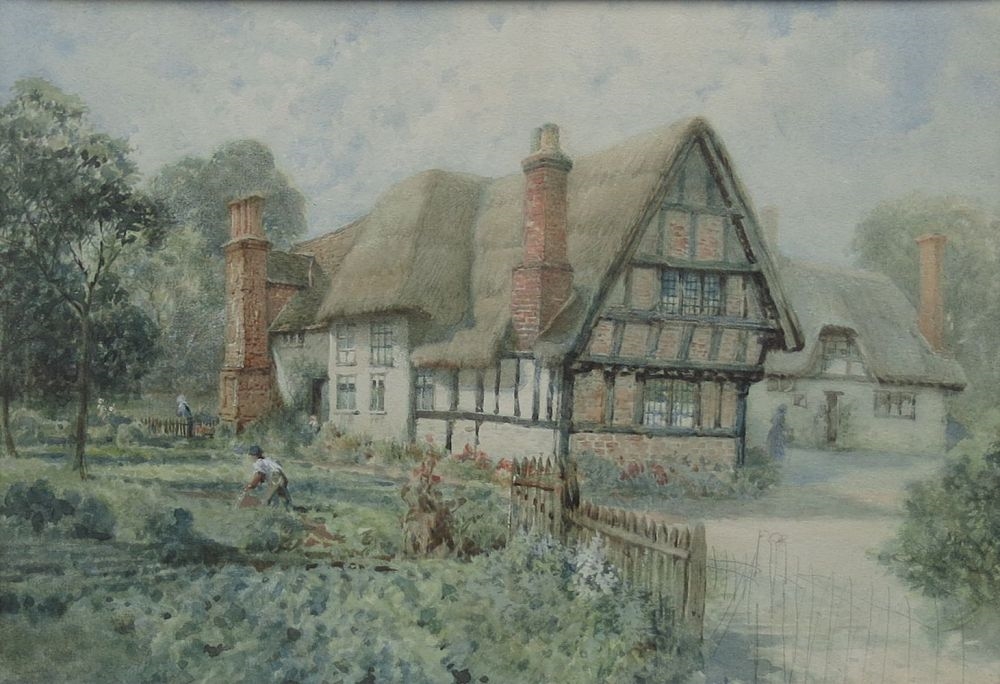 Edwin F. Cole | a half-timbered thatched house with a gardener at work ...