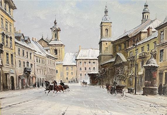 Jan Rawicz | Snow-covered city scenery with horse-drawn carriages ...