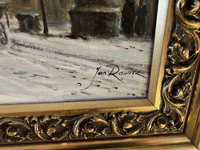 Jan Rawicz | Snow-covered city scenery with horse-drawn carriages ...