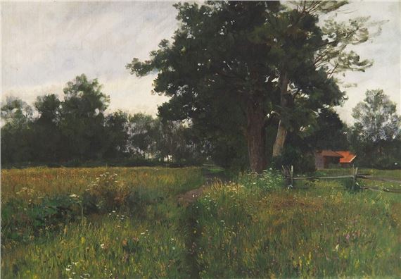 Fritz Freund | Baumbestandene Wiesenlandschaft mit Gartenhäuschen ...
