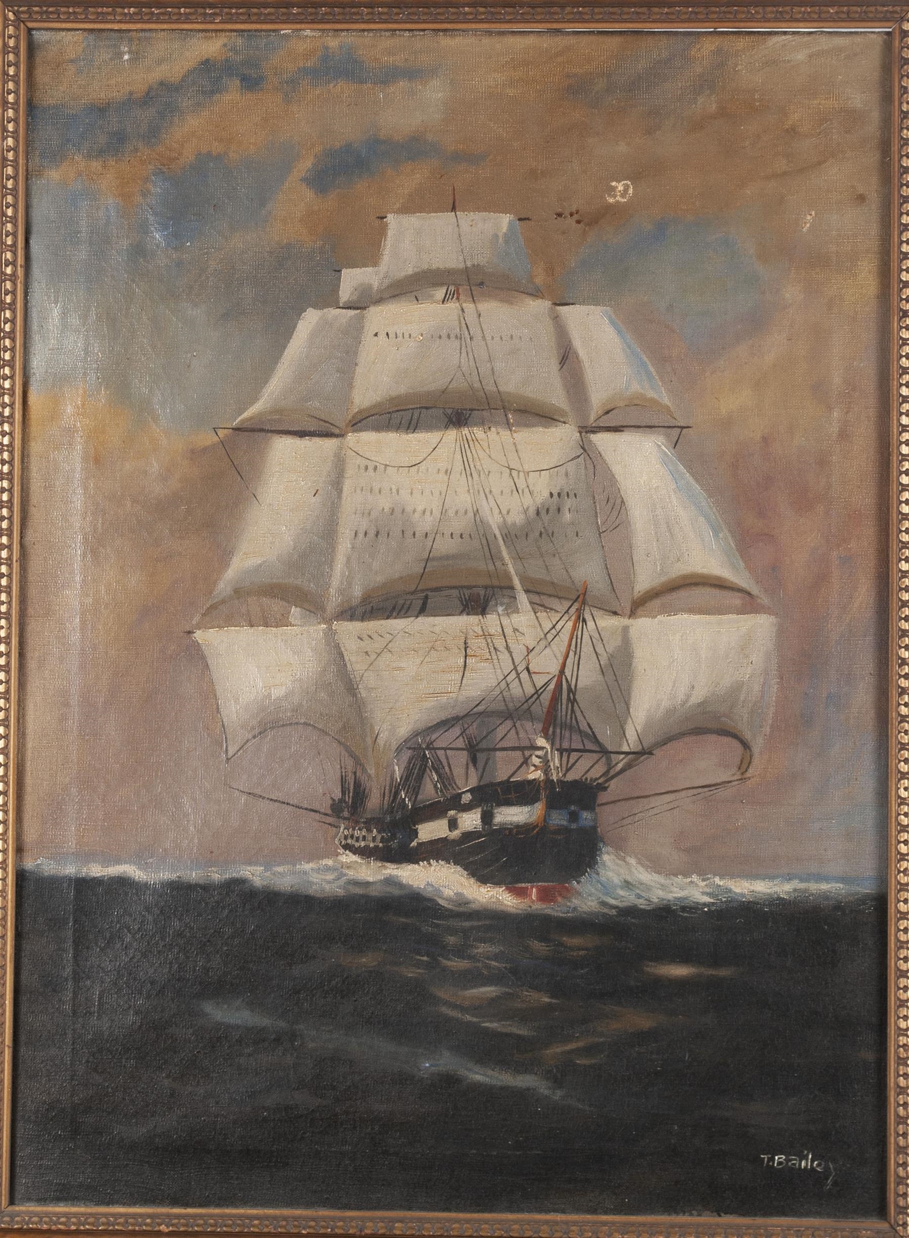 T. Bailey | Maritime scene of a triple-masted ship at full sail on calm ...