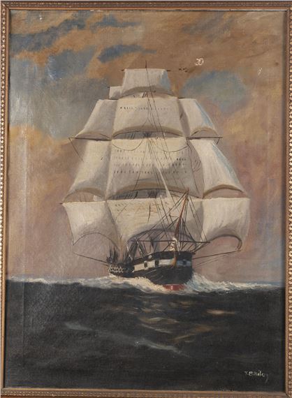 T. Bailey | Maritime scene of a triple-masted ship at full sail on calm ...