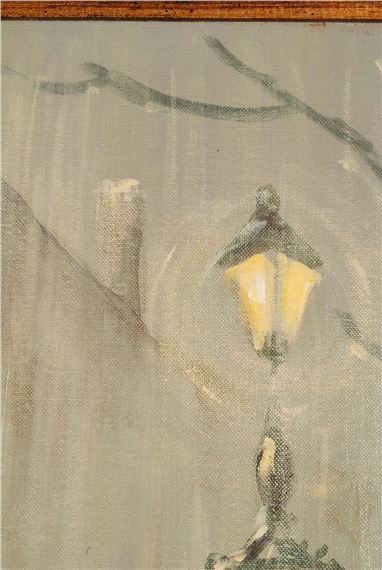 Raymond Scully | A paved sidewalk scene in the pouring rain | MutualArt