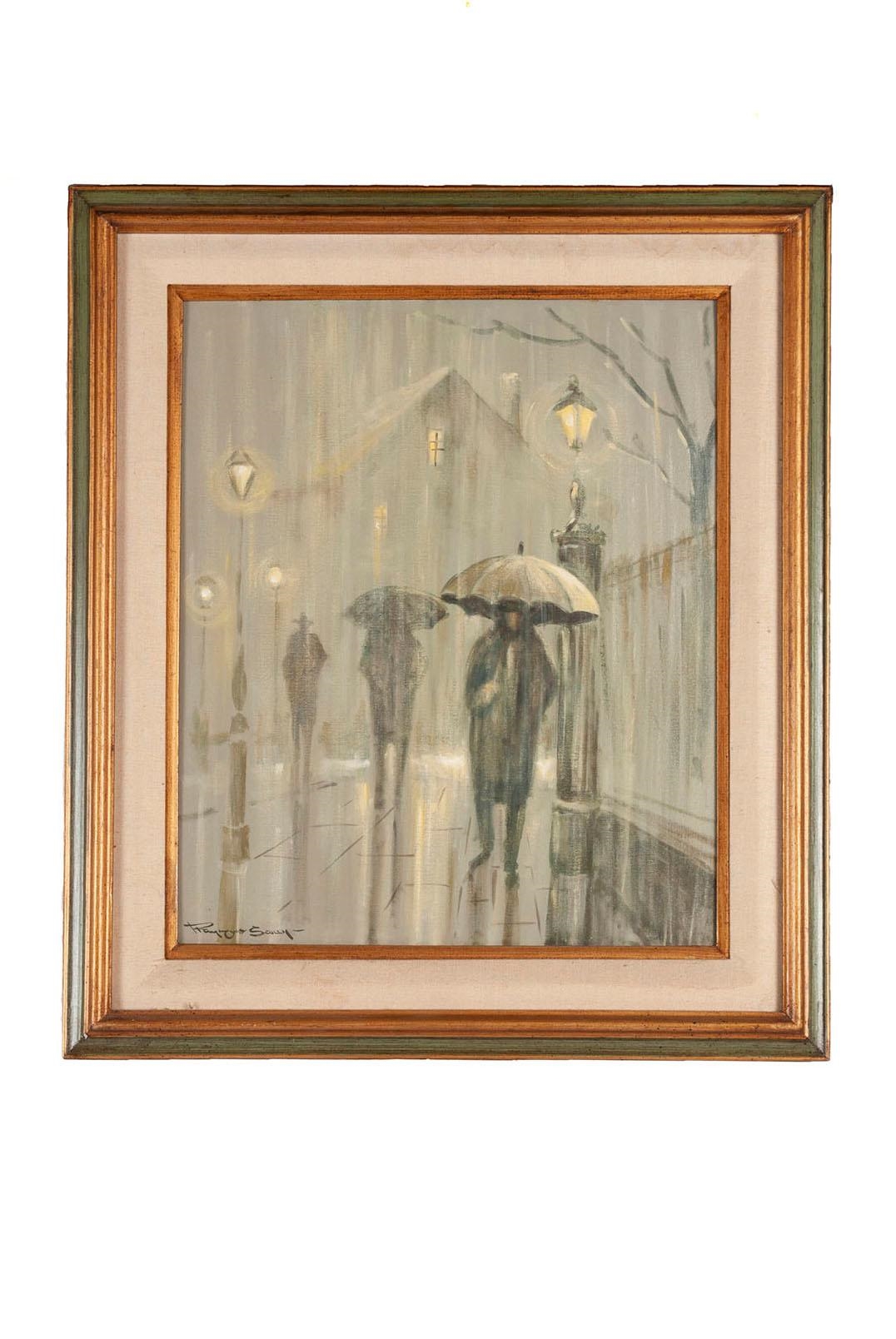 Raymond Scully | A paved sidewalk scene in the pouring rain | MutualArt