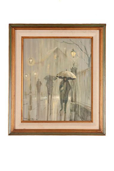 Raymond Scully | A paved sidewalk scene in the pouring rain | MutualArt