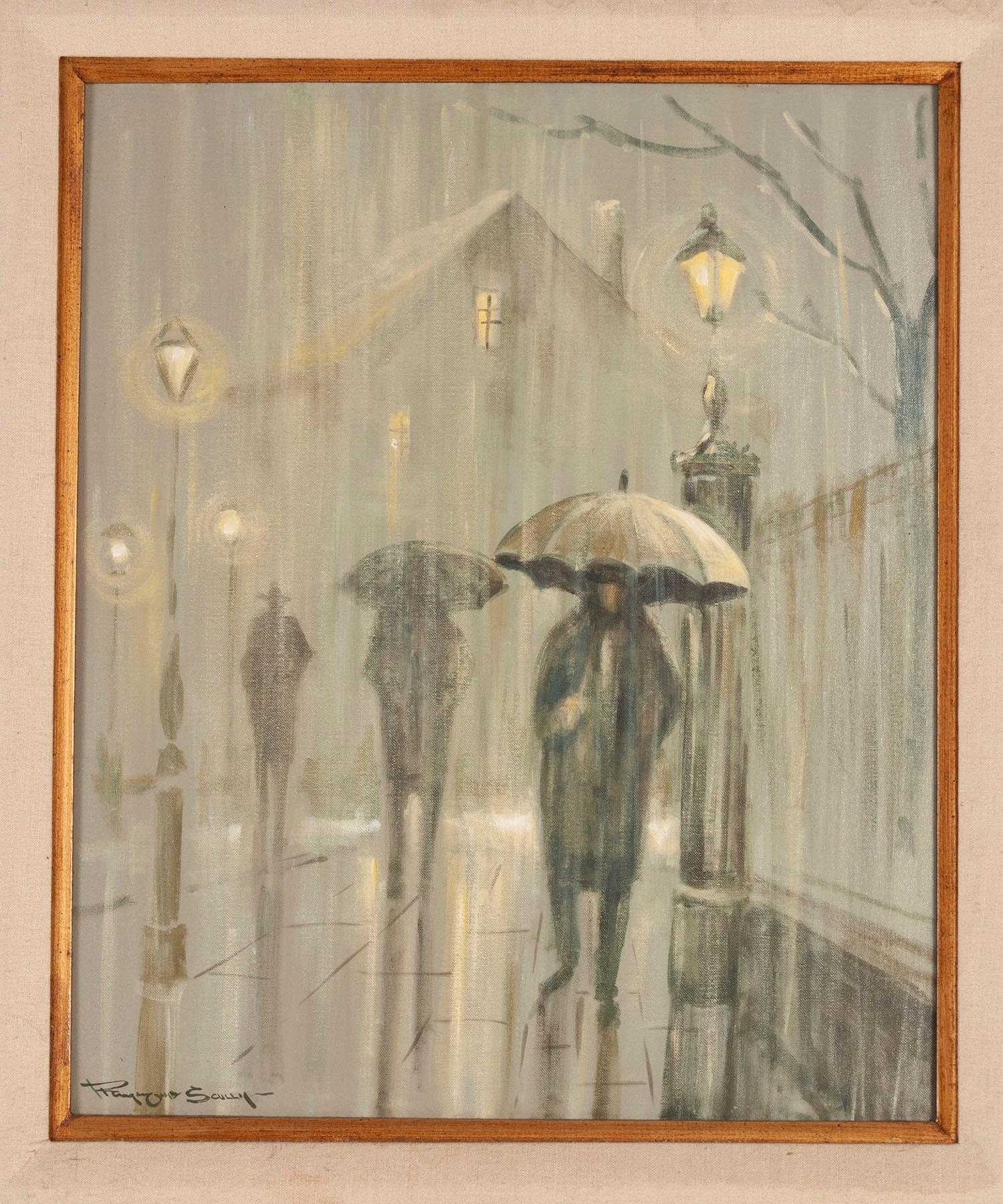 Raymond Scully | A paved sidewalk scene in the pouring rain | MutualArt