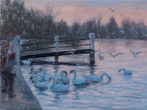 Henry McGrane | FEEDING THE SWANS AT SUNSET | MutualArt