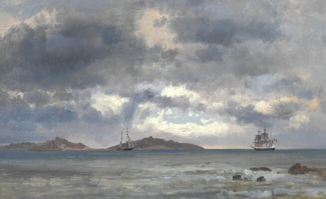 Emanuel Larsen | Seascape with sailing ships in the Mediterranean off ...