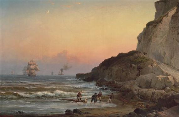 Vilhelm Melbye | Seascape near the coast with fishermen salvaging the ...