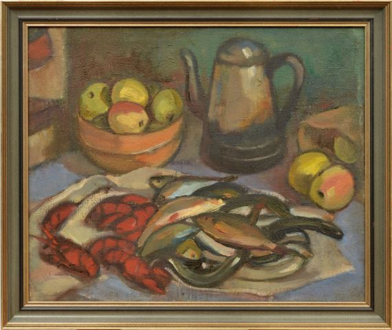 Biruta Baumane | Oil painting Still life with a jug and fish by Biruta ...