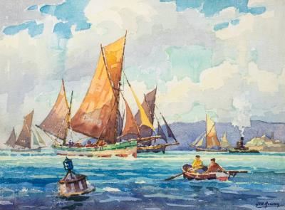 George Ayling | Trawlers, Oarsmen and Steam Ship in A Bay | MutualArt