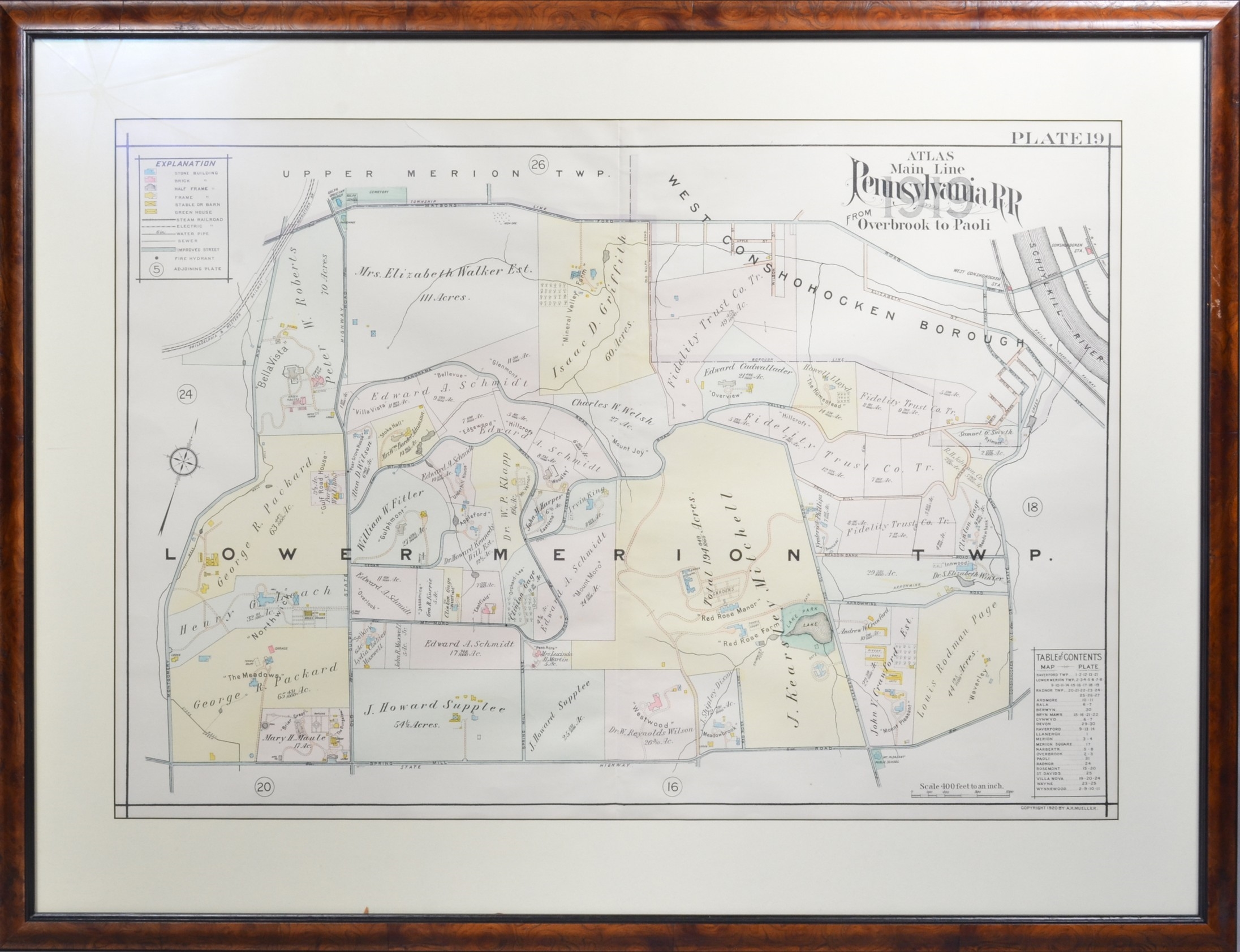 H. Mueller | 1920 Atlas Main Line Pennsylvania RR lithograph with hand ...