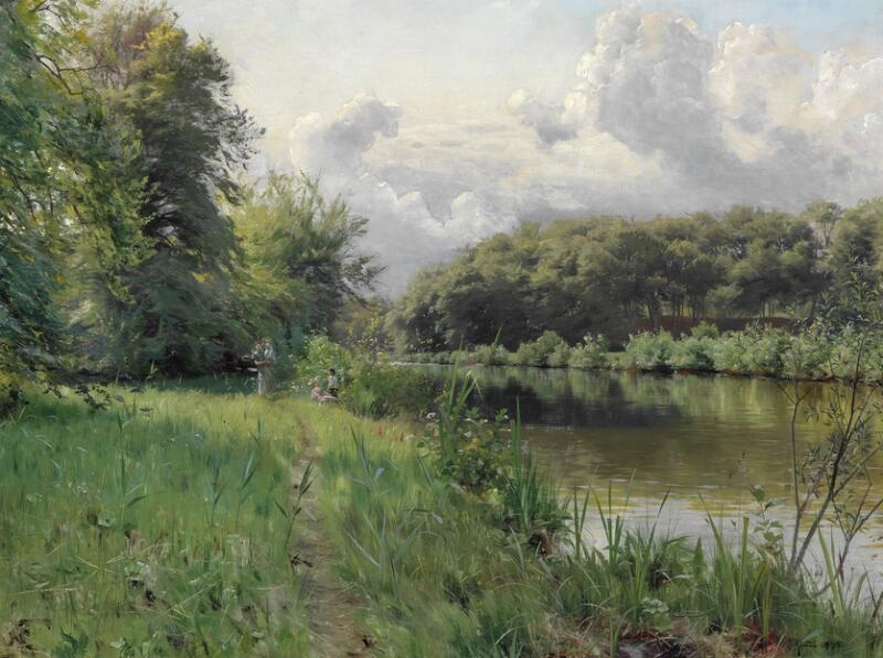 Peder Mork Monsted | Summer day on a lake. In the background a meadow with grazing cows (1903 ...