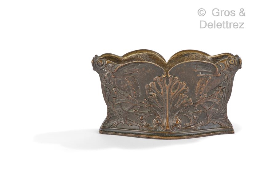 Marcel Bing | Planter in bronze with medal patina decorated with Koi ...