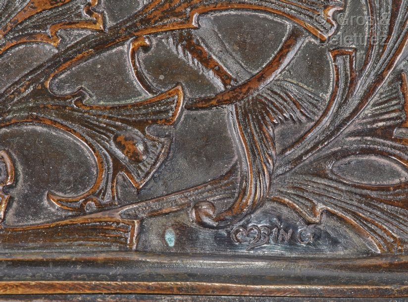 Marcel Bing | Planter in bronze with medal patina decorated with Koi ...