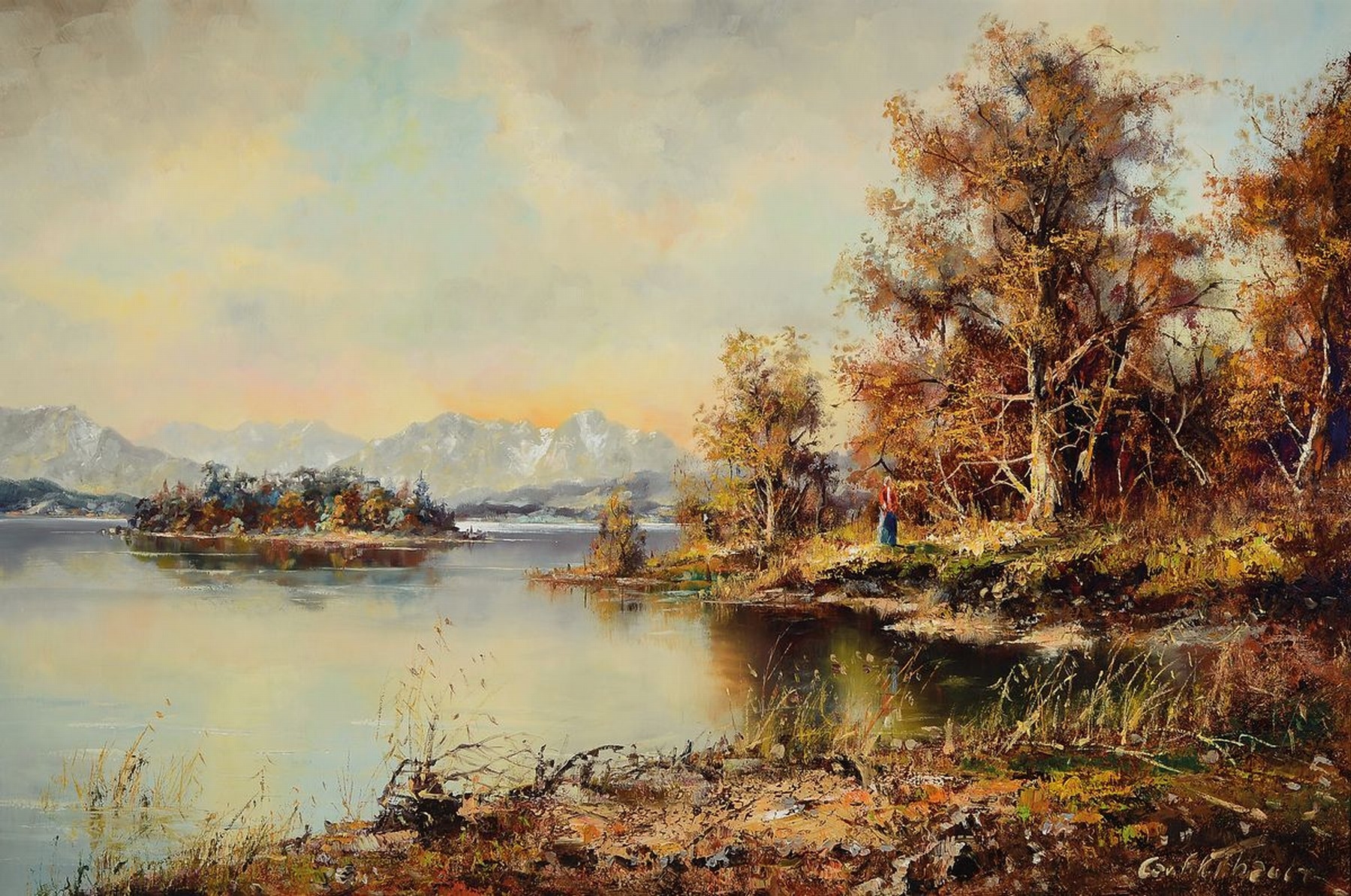 Friedrich Karl Thauer | Southern German autumn landscape at the lake ...