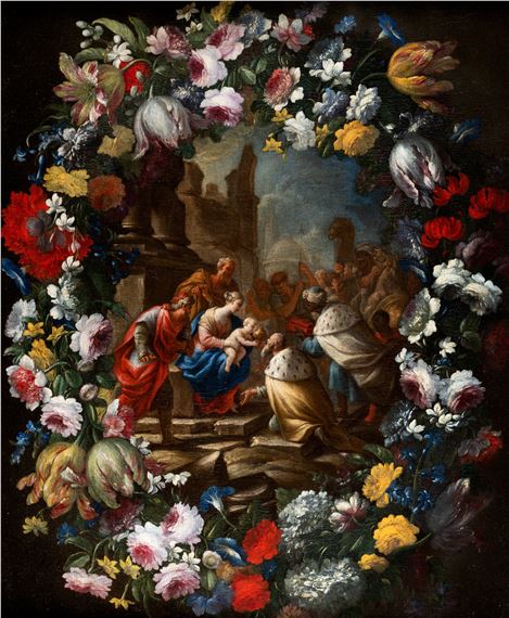 Giuseppe Recco | Adoration of the Magi within a garland of flowers ...