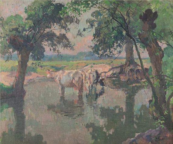 Henri Roidot | Vaches s'abreuvant dans la mare | MutualArt
