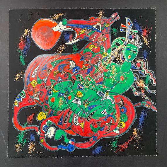 Toller Cranston | This piece is of a green woman, playing the cello, in ...