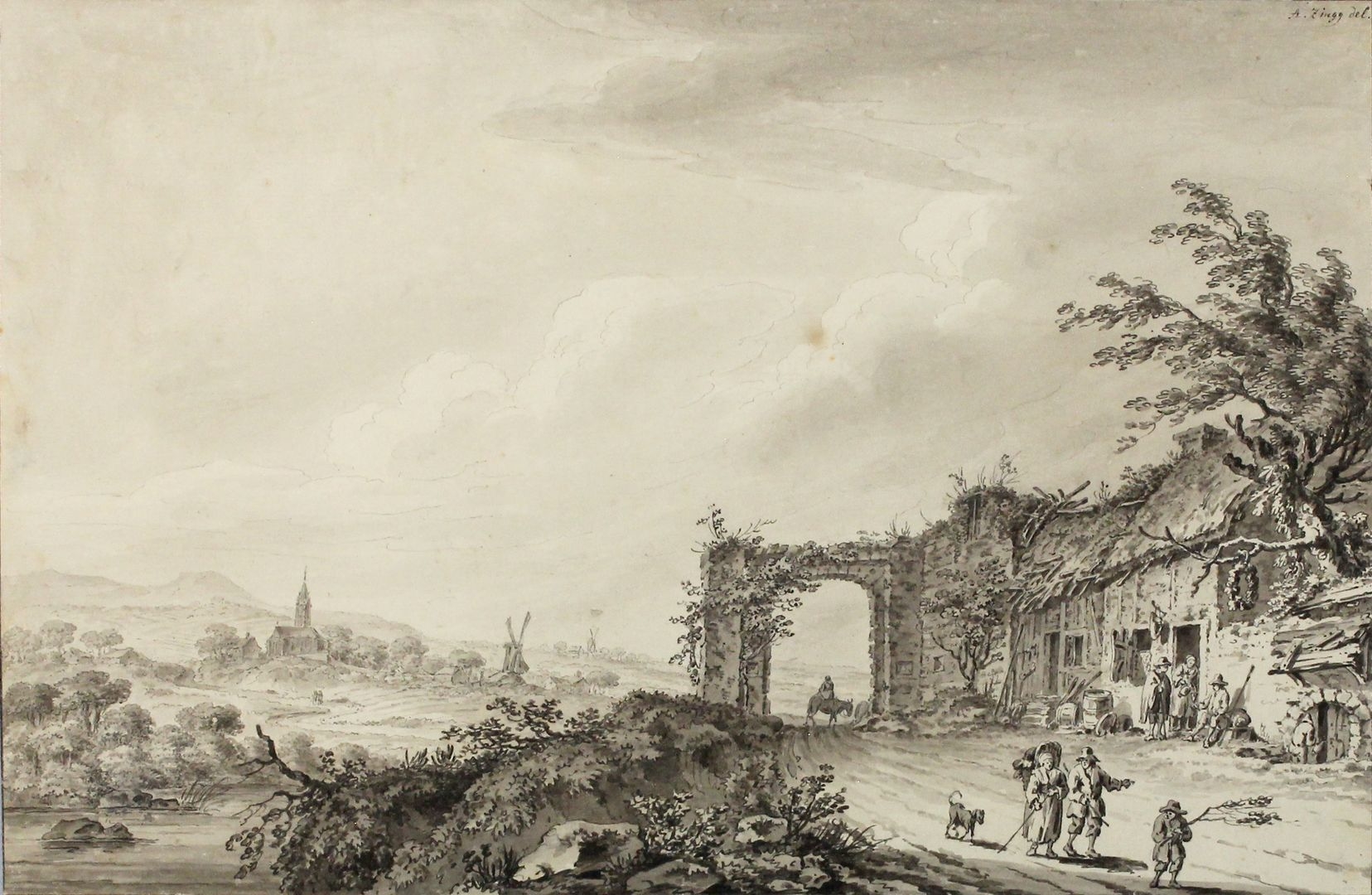 Adrian Zingg | Landschaft mit Bauernhaus und Personen, in der Ferne ein ...